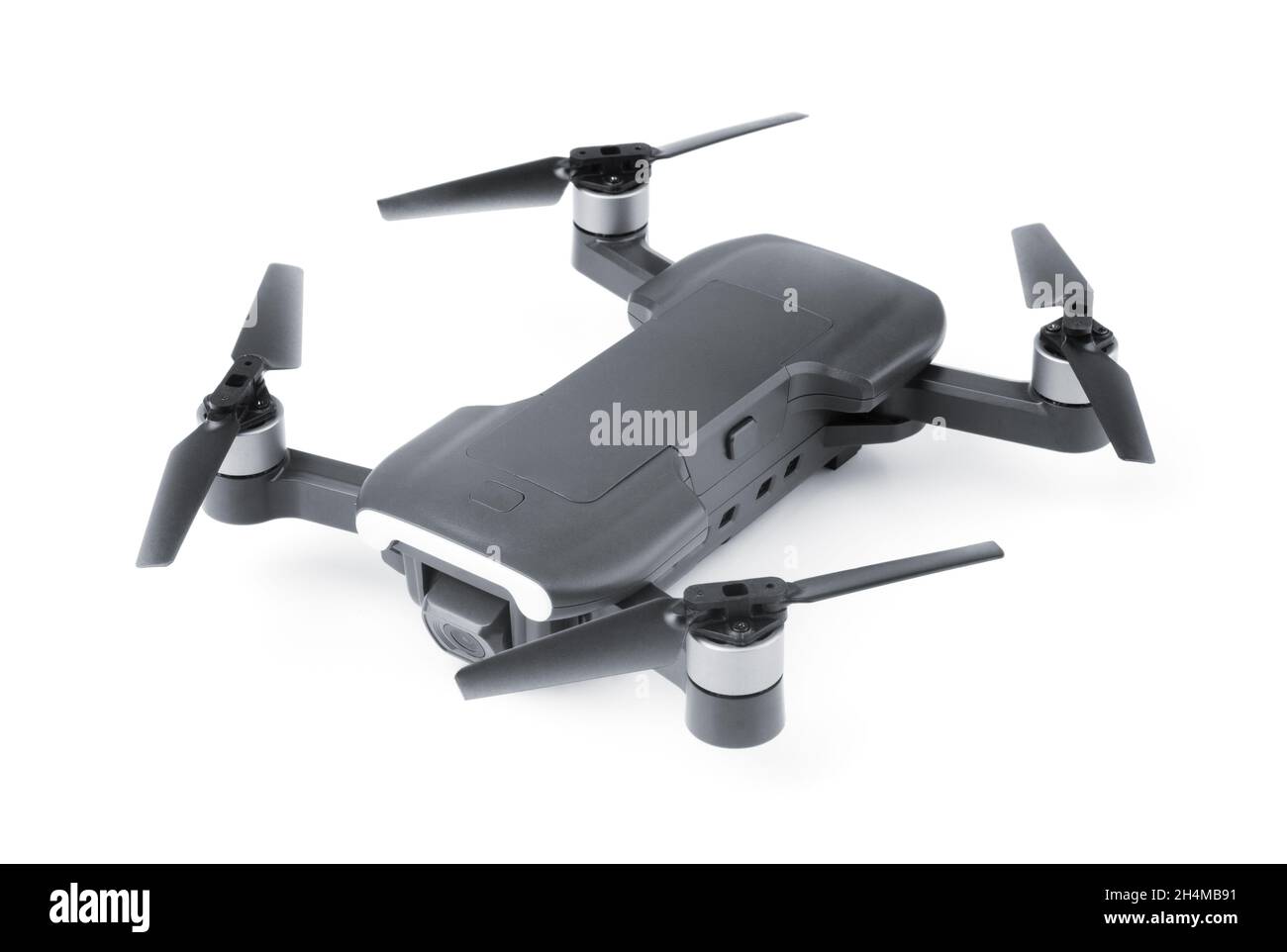 New grey drone quadcopter with digital camera flying isolated on white ...