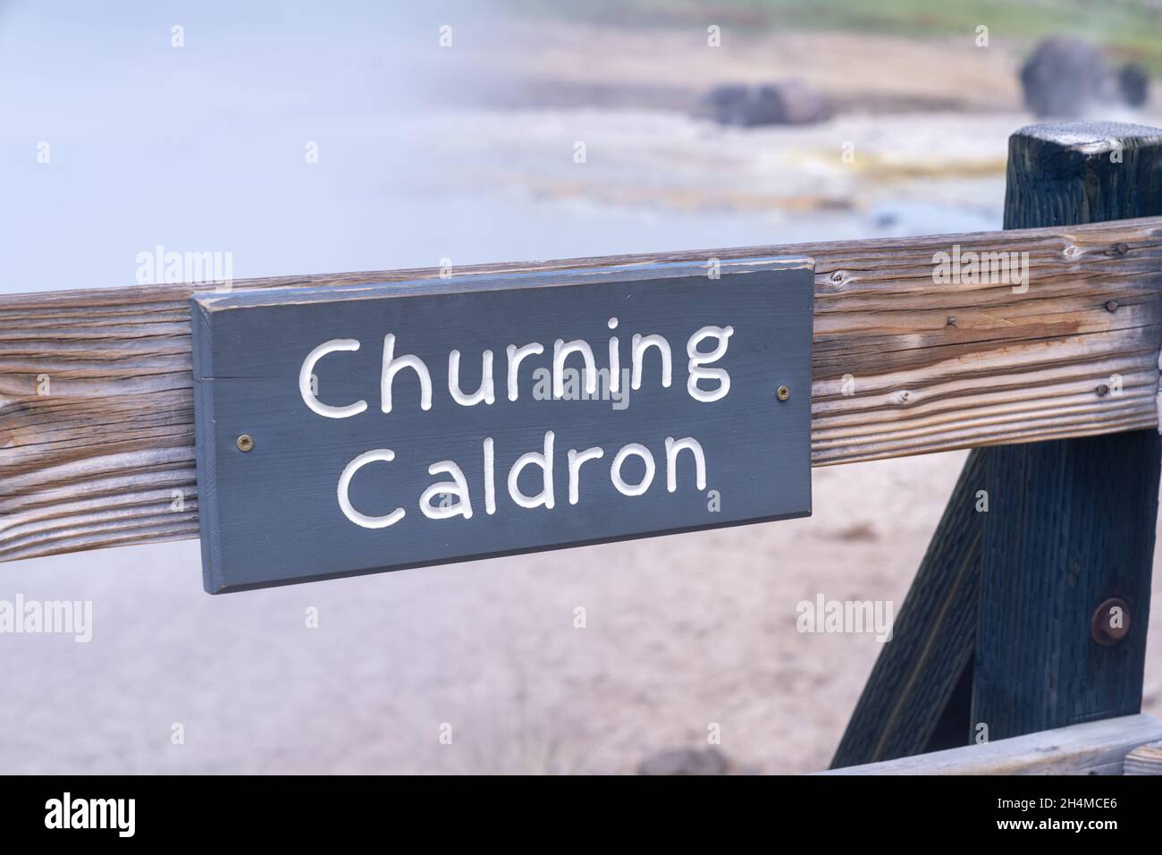 Sign for Churning Caldron, a geothermal feature in Yellowstone National ...