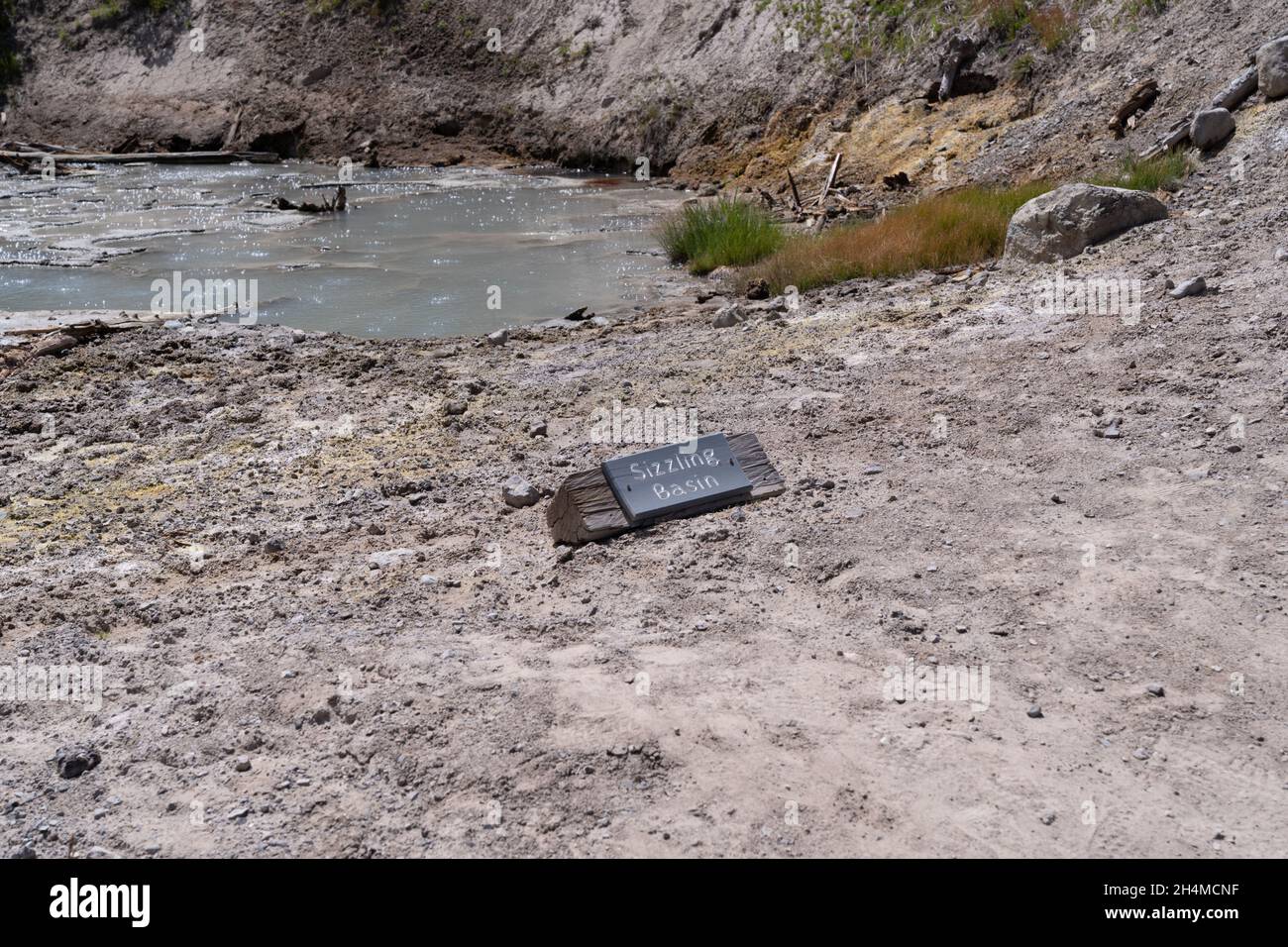 Sign for Sizzling Basin, a geothermal hot spring in Yellowstone ...