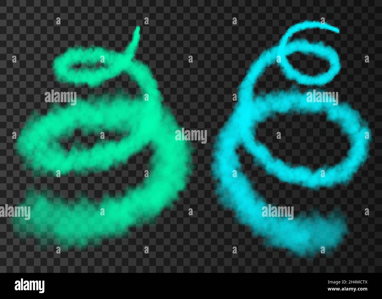 Color smoke from space rocket launch. Green, blue foggy plane spiral ...