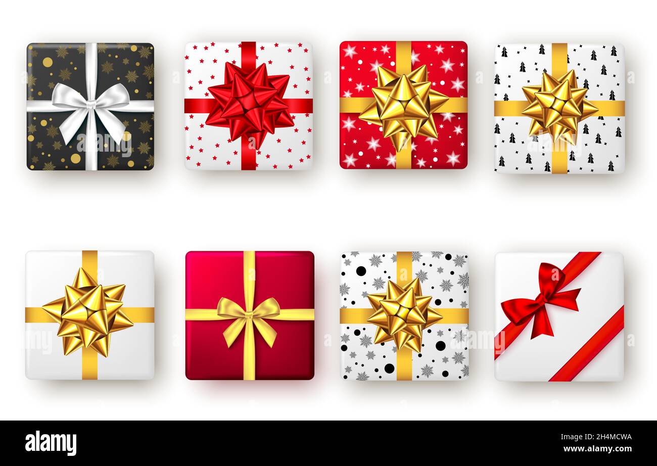 Red, golden, white and black gift box with ribbon and bow, top view ...