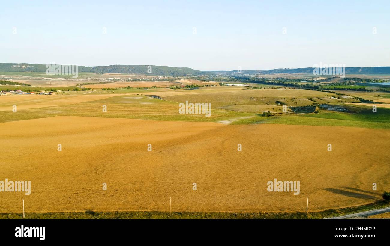 Top view of yellow fields on background of village on horizon. Shot ...