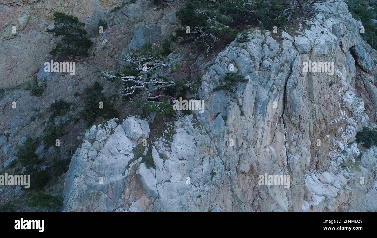 Steep cliff with ledges. Shot. Top view of rocky steep wall with sparse ...