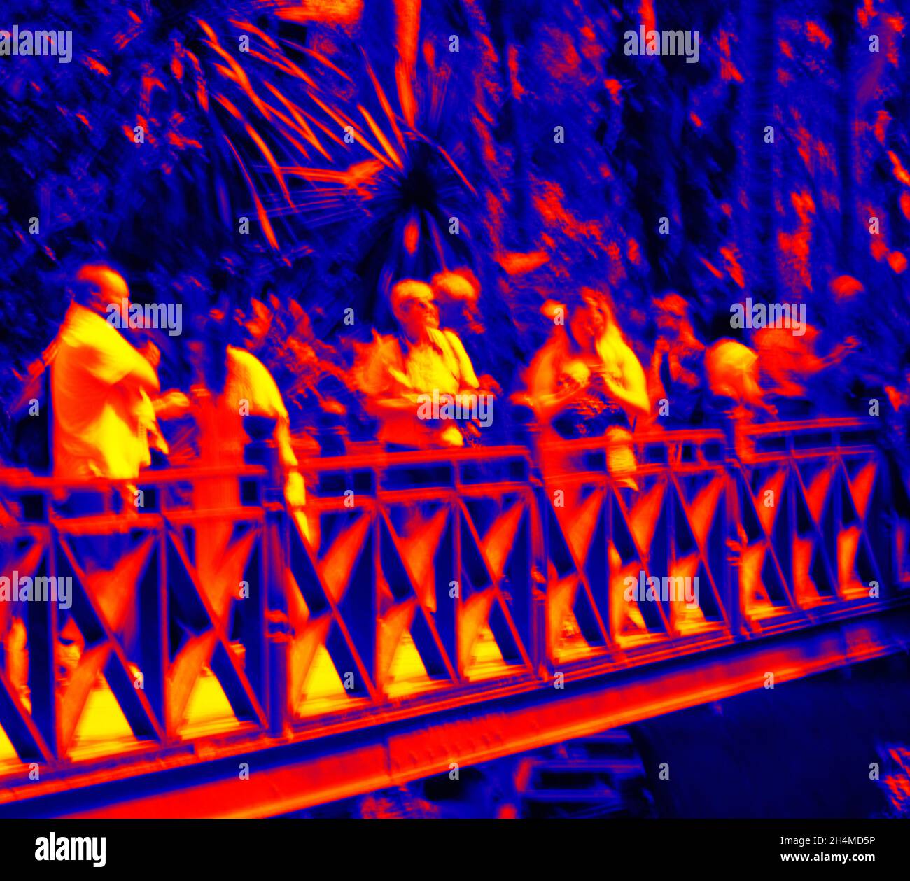 Watching tourists on the observation deck. Scanning the people's body ...