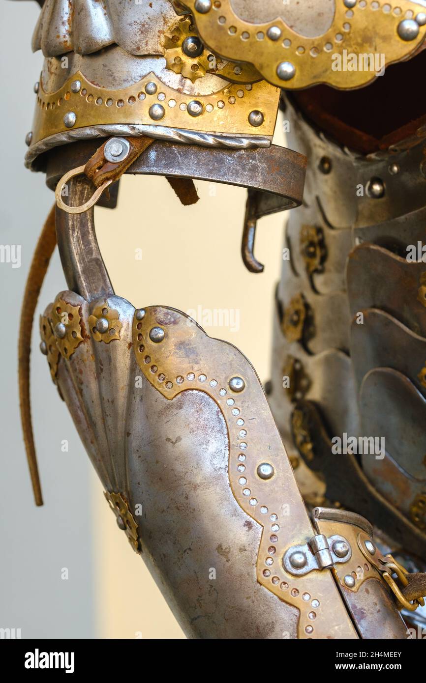 Parts of ancient knight's armor.A medieval concept.Metallic texture ...