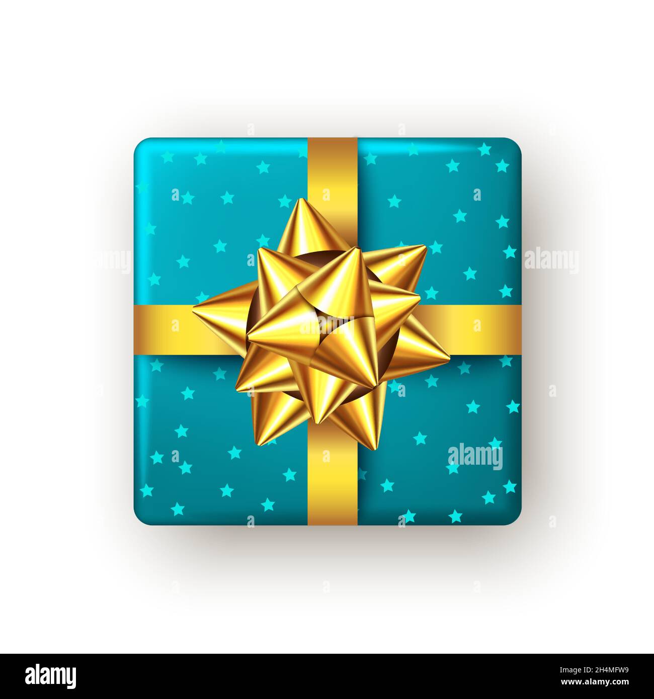Blue gift box with golden ribbon and bow, top view. Christmas, New Year ...