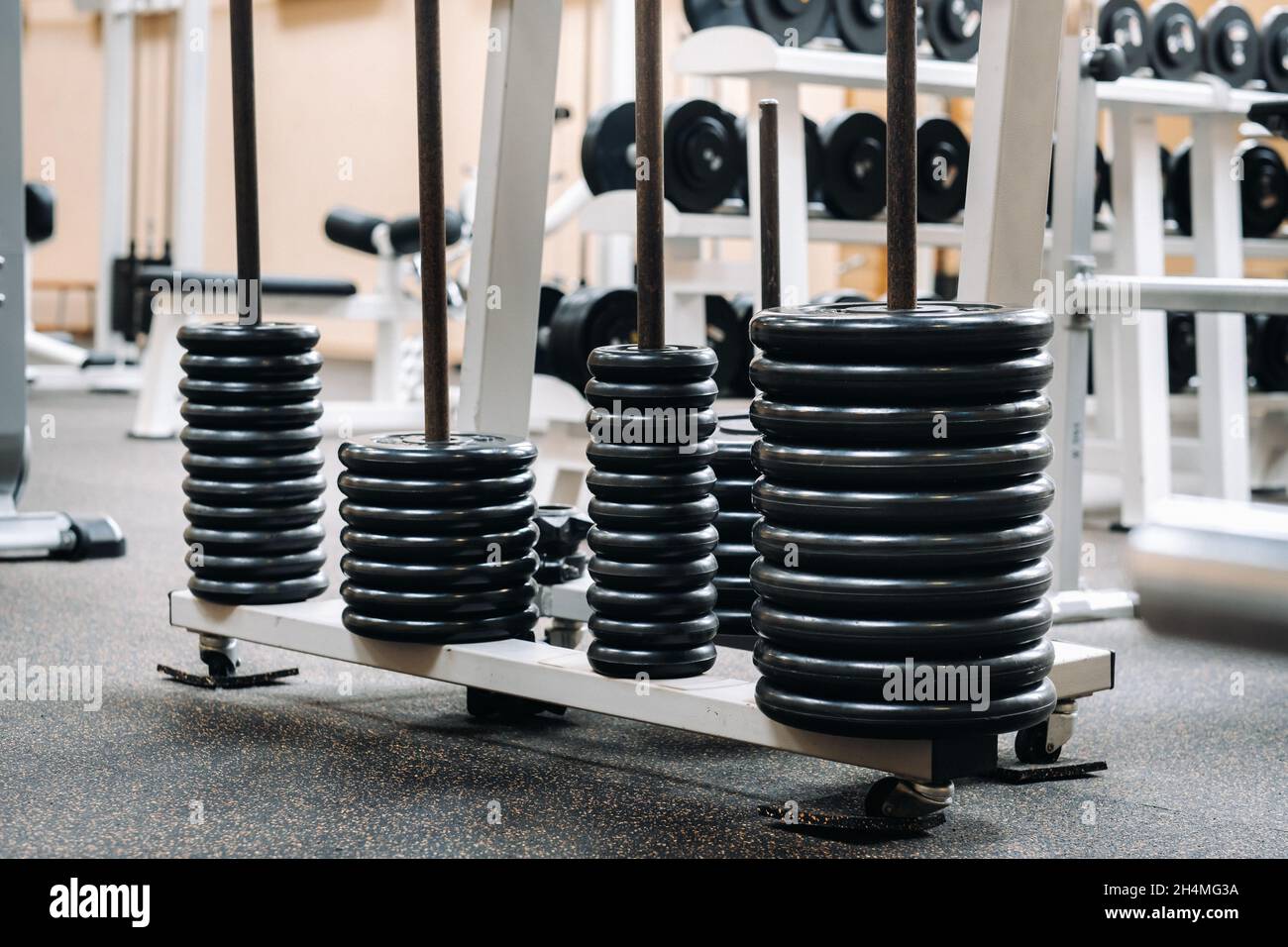 barbell discs stacked in rows in the gym Stock Photo - Alamy