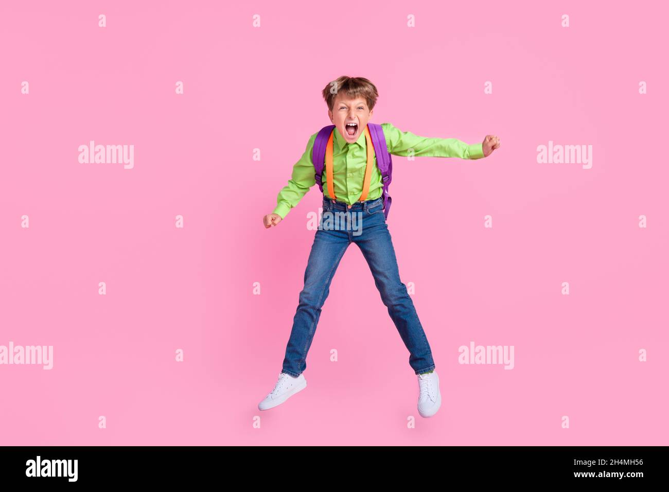 Full length body size view of handsome trendy ecstatic boy nerd jumping ...