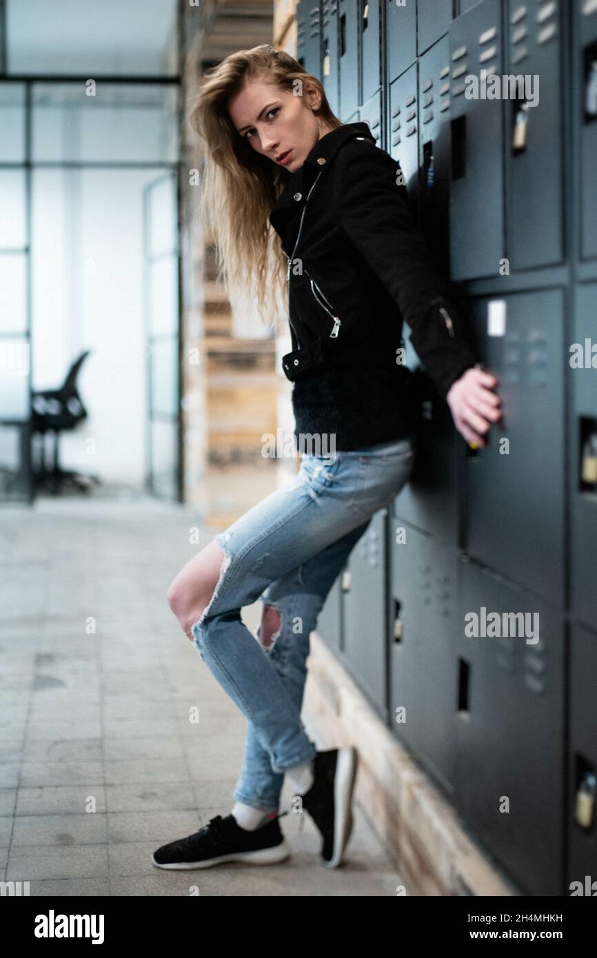 Portrait of a cool attractive Serbian woman with long blonde hair ...