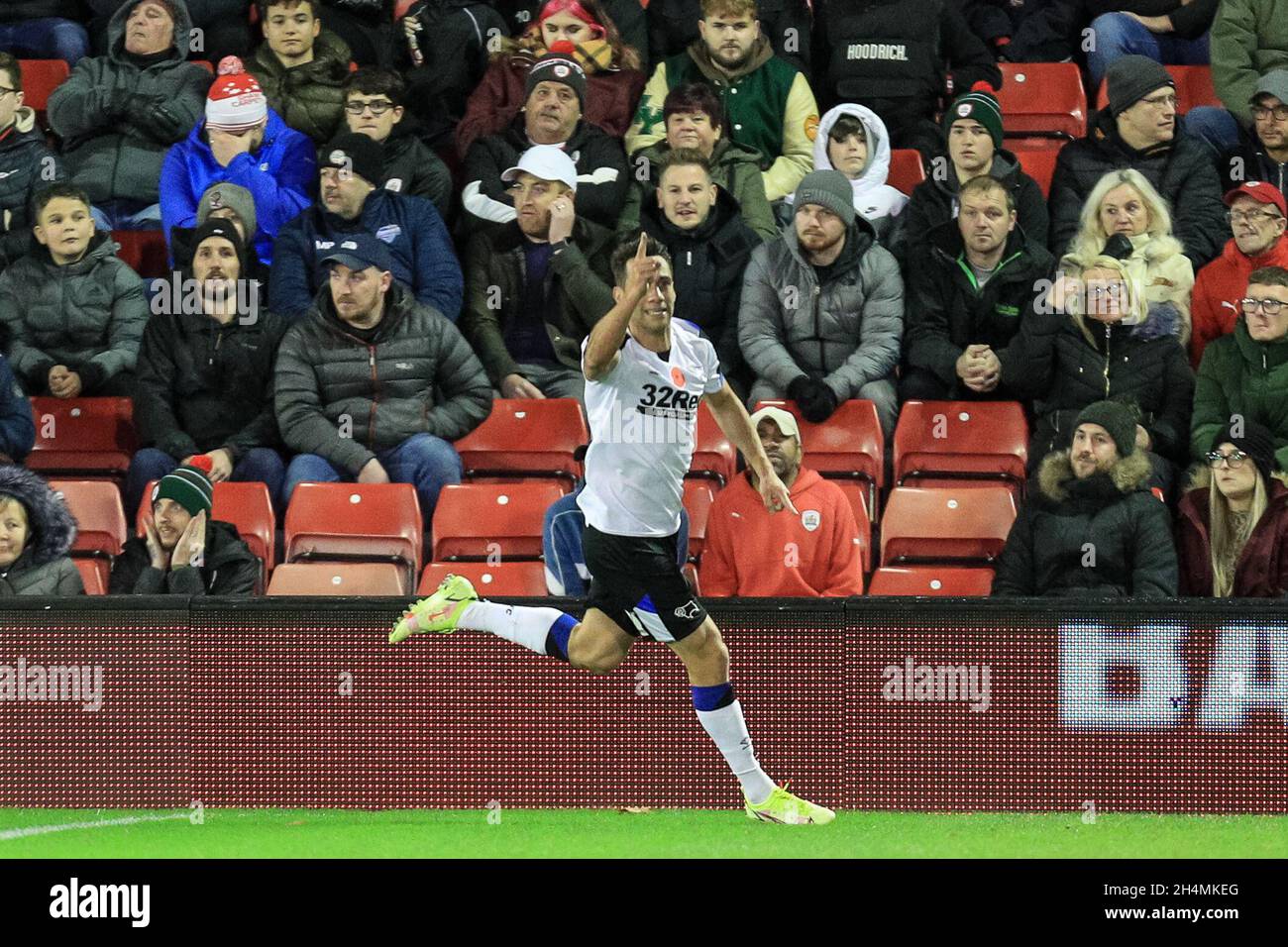 Barnsley, UK. 03rd Nov, 2021. Sam Baldock #9 of Derby County celebrates ...