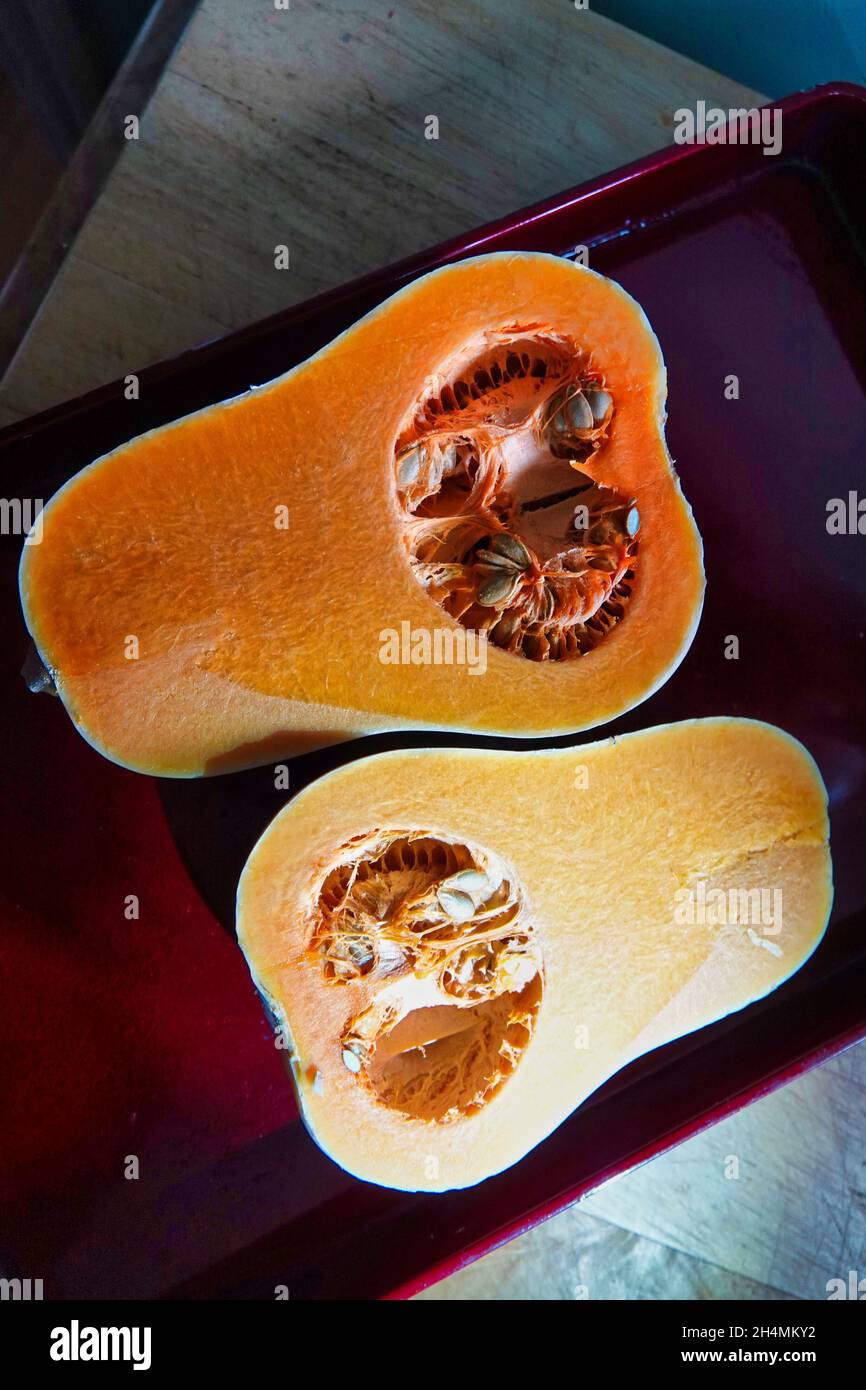 Butternut Squash - a split open display Stock Photo - Alamy