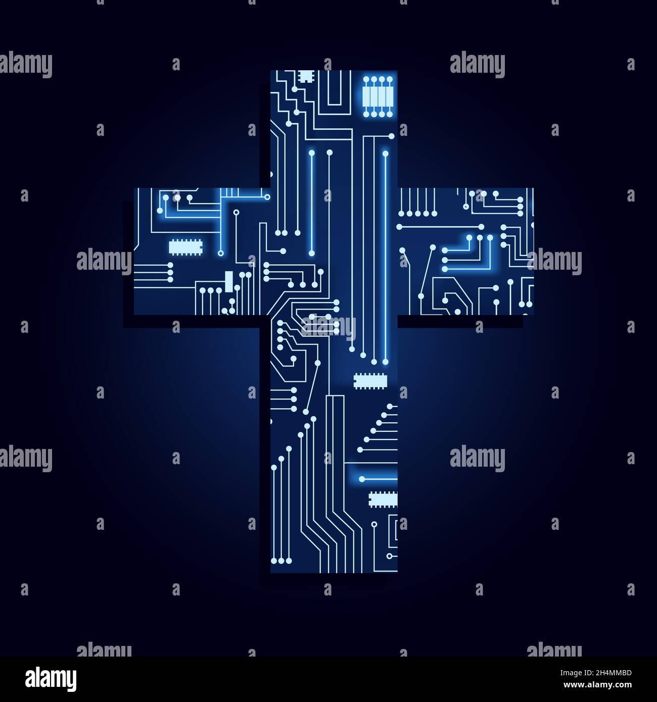 Cross symbol with a technological electronics circuit. Blue background ...