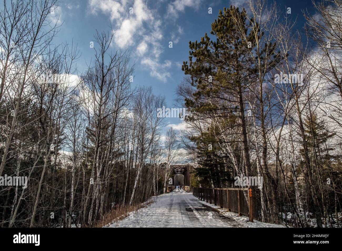 Bridge in the distance over the St. Louis River in the winter at Jay ...