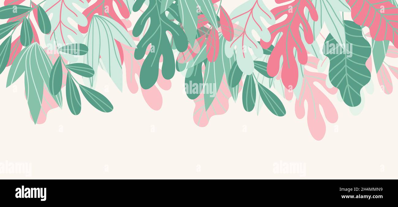Floral web banner with drawn color exotic leaves. Nature concept design ...
