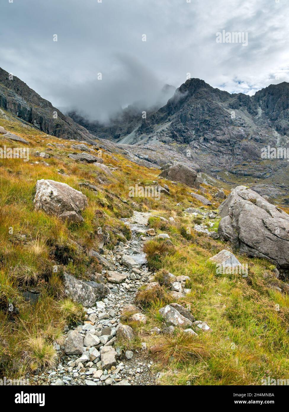 The rocky path to the mountain corrie of Coire Lagan high in the Black ...