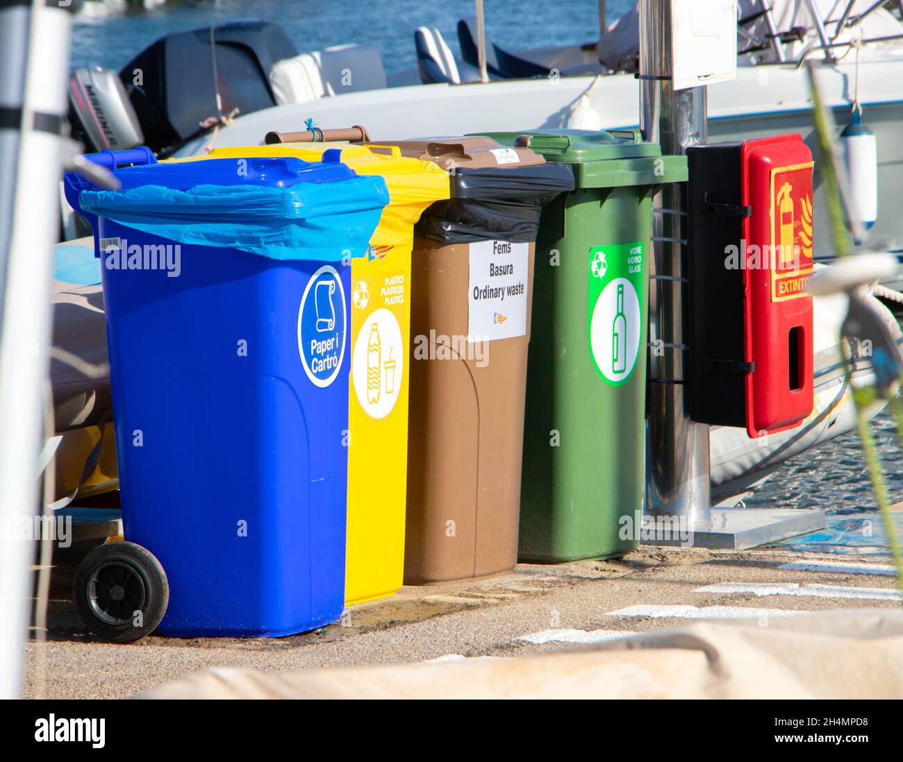 recycling trash bins for paper glass bottles plastic in harbour Palma ...