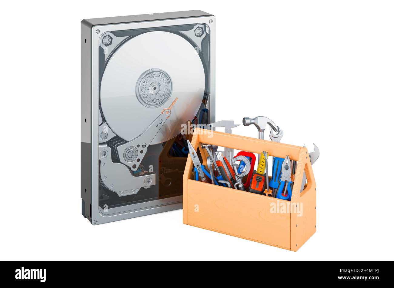 HDD with toolbox. Hard Disk Drive HDD with tools. Repair and recovery ...