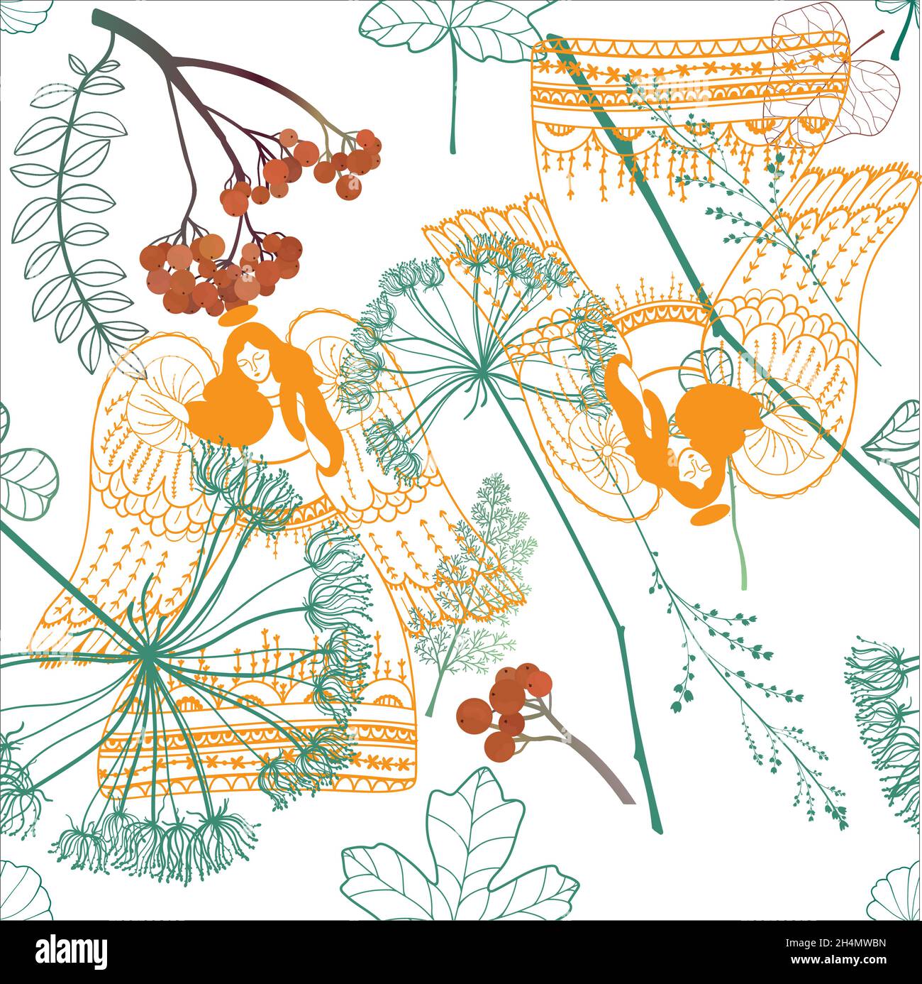 Seamless pattern of hand drawn doodle style autumn plants and angels ...
