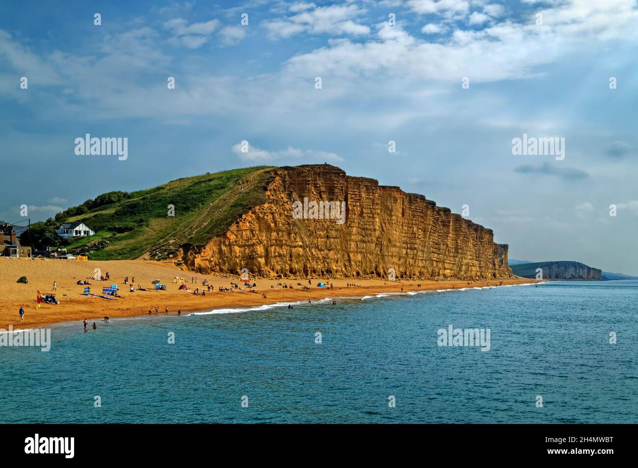 UK, Dorset, Jurassic Coast, West Bay, East Cliff and Beach viewed from ...