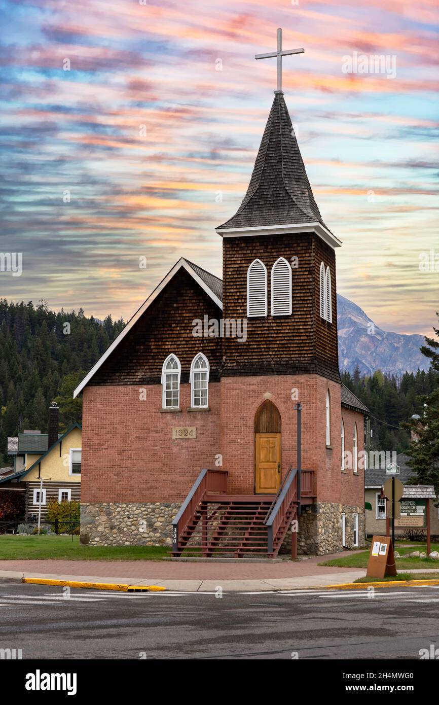 Jasper Alberta Canada, September 26 2021: A small historic Lutheran ...
