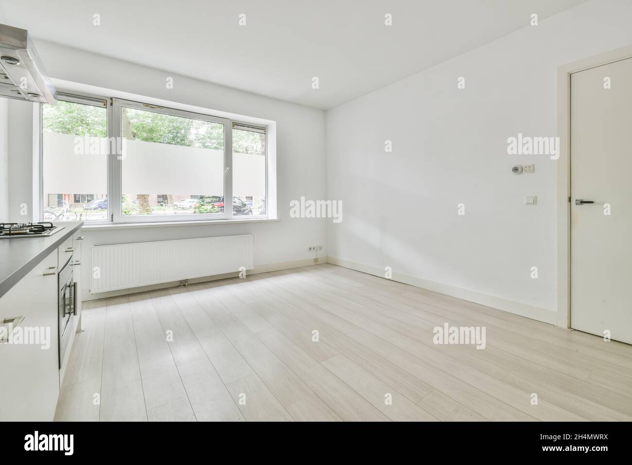 Beautiful image of an empty kitchen in a white interior design house ...
