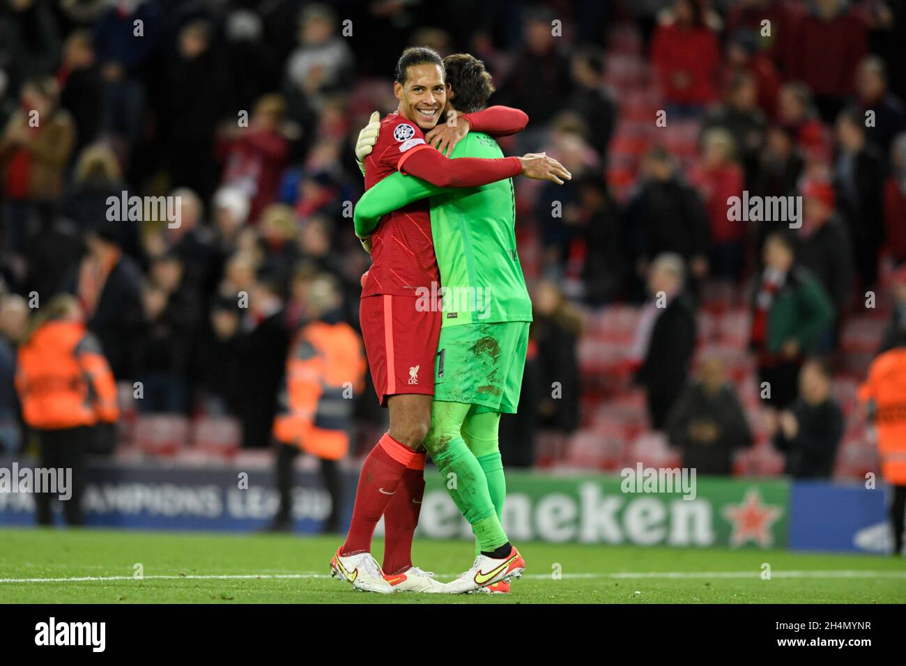 Virgil van Dijk #4 of Liverpool celebrates beating Atletico Madrid 2-0 ...