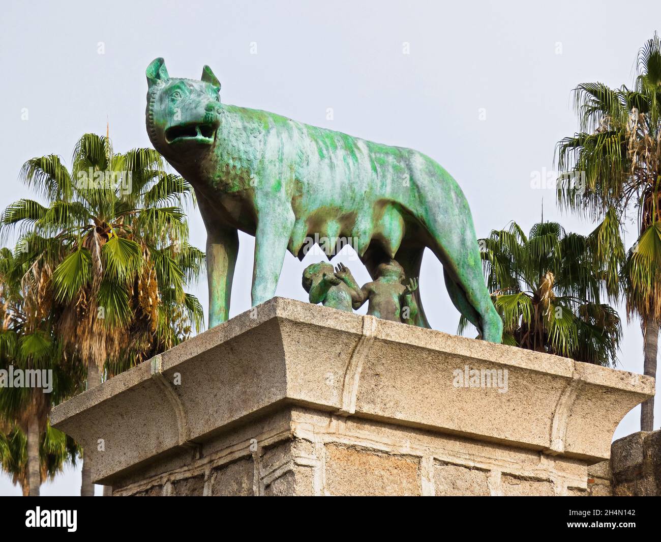 Low angle shot of bronze statue of wolf from Rome in Merida, Spain ...