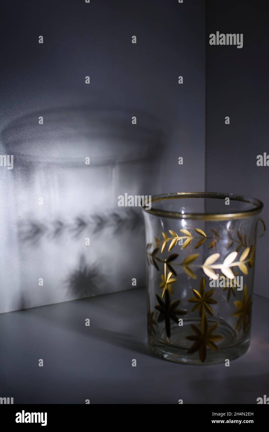 Decorative objects made of glass, plastic and wood in the interior of ...