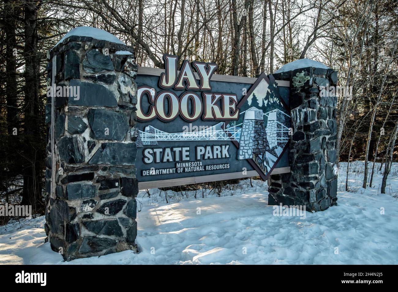 Entrance sign to Jay Cooke State Park in the winter at Carlton ...