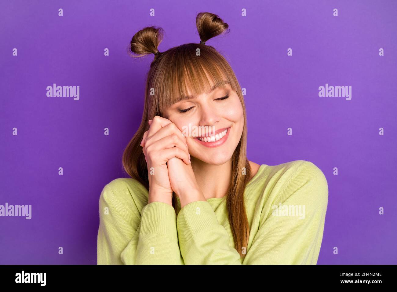 Photo of sleepy young woman closed eyes hold hands face nap relax ...