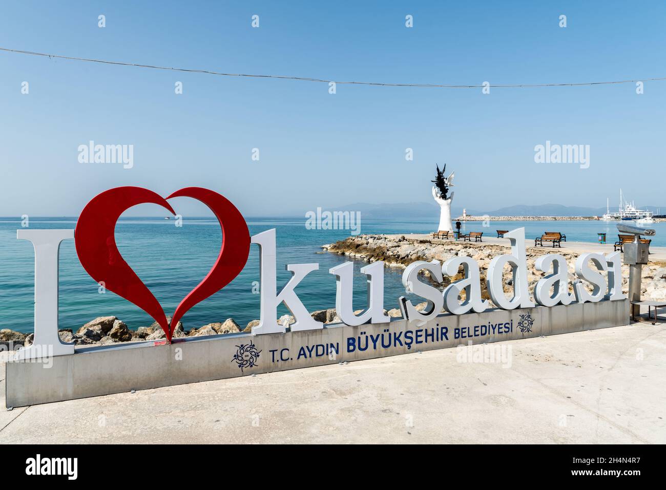 Kusadasi, Aydin, Turkey – October 6, 2020. I Love Kusadasi sign along ...
