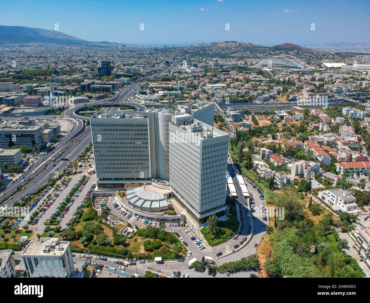 Aerial panoramic view of northern suburbs of Athens city. Centered the ...