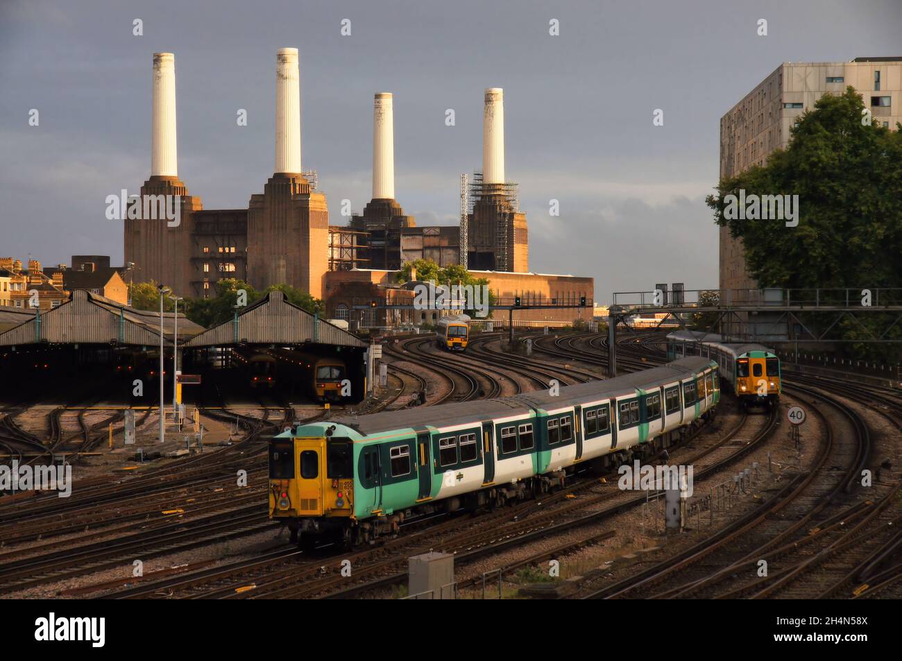 Victoria train station yards, trains and Battersea Power Station ...