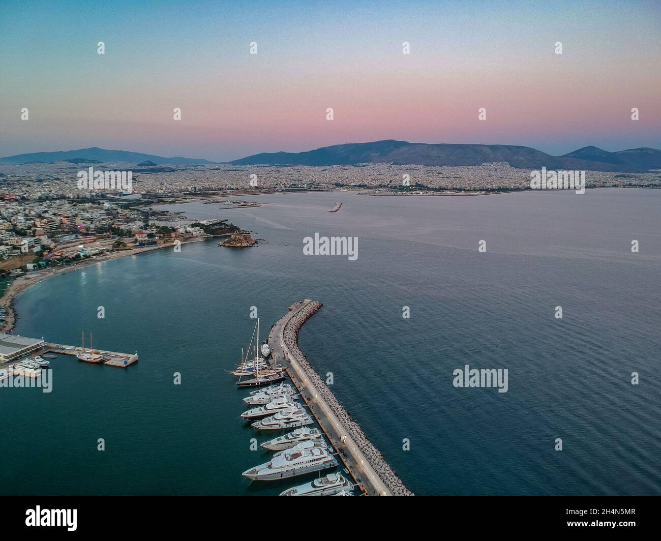 Aerial panorama view over Marina Zeas, Peiraeus city, Greece at sunset ...