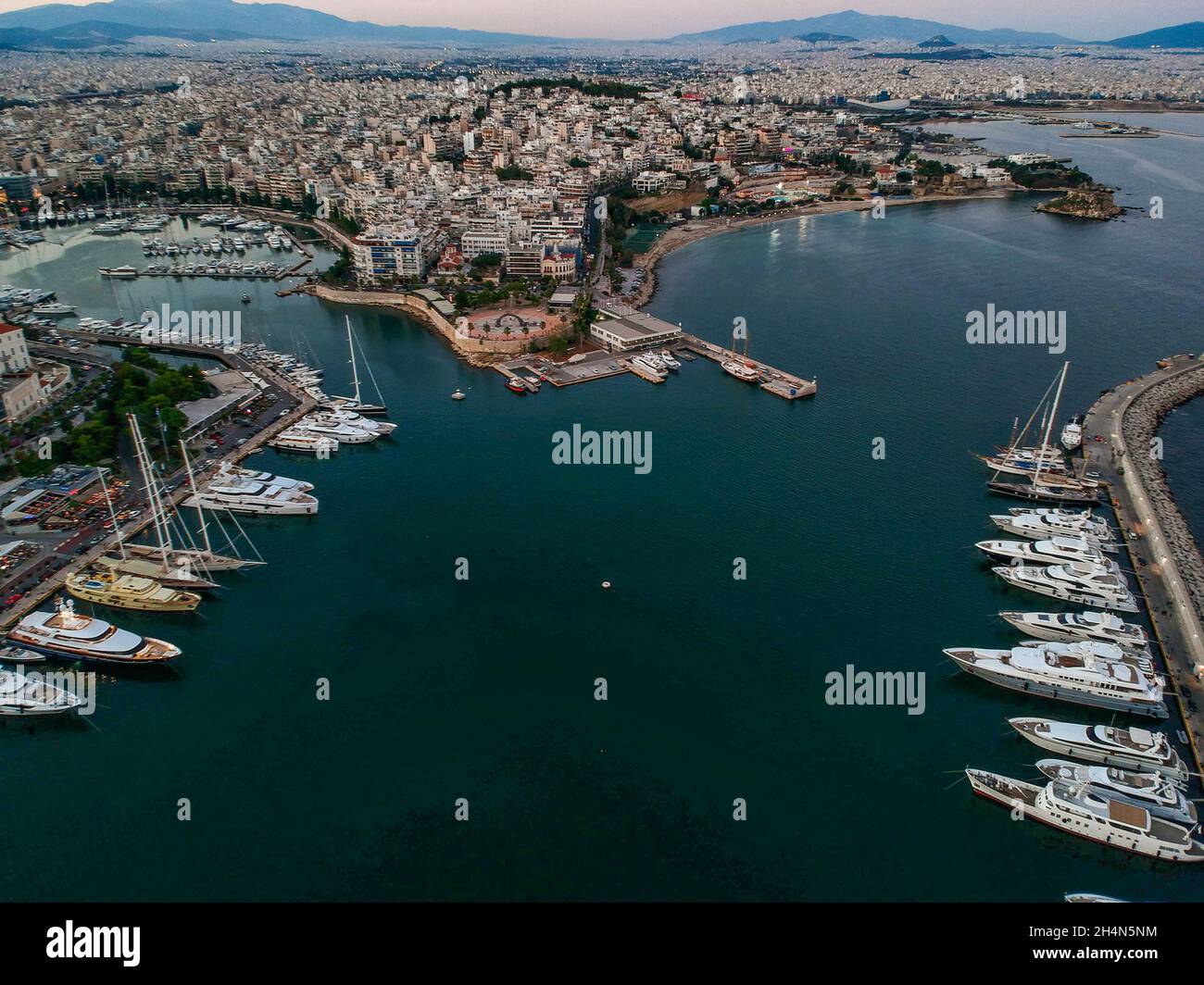 Aerial panorama view over Marina Zeas, Peiraeus city, Greece at sunset ...
