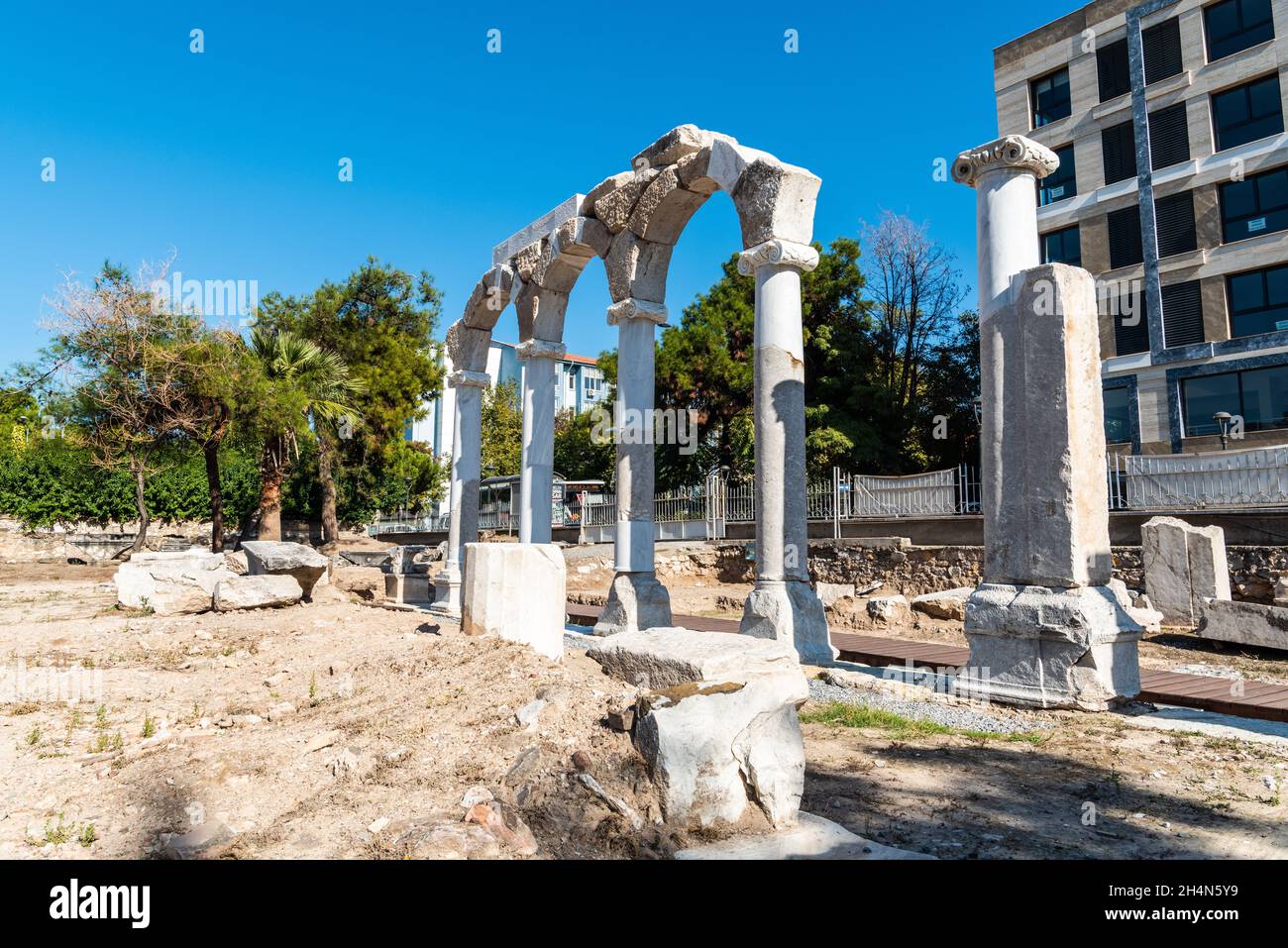 Akhisar, Manisa, Turkey – November 9, 2020. Ancient columns and arches ...