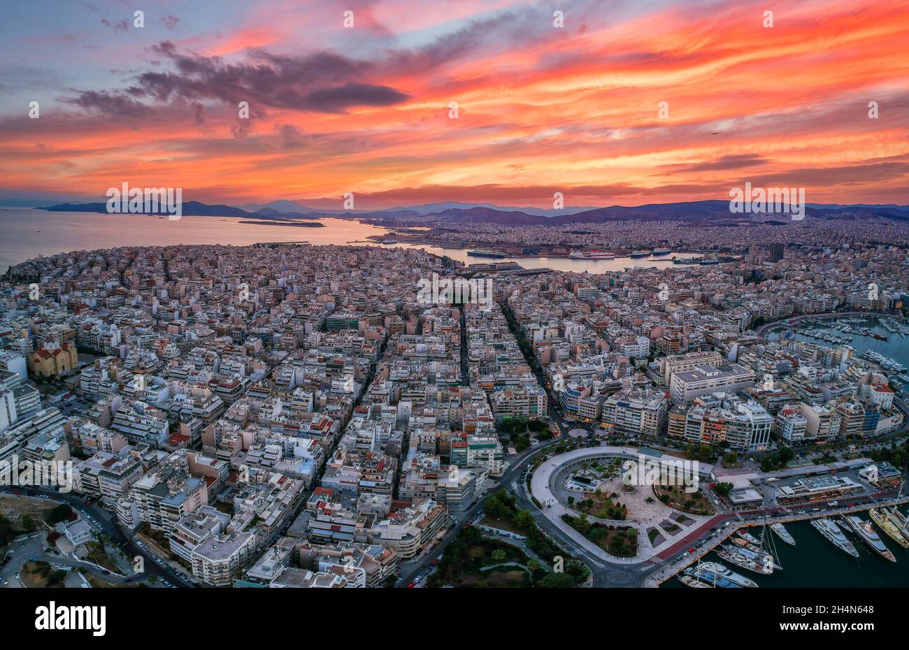 Aerial panorama view over the famous Marina Zeas, Peiraeus at sunset ...