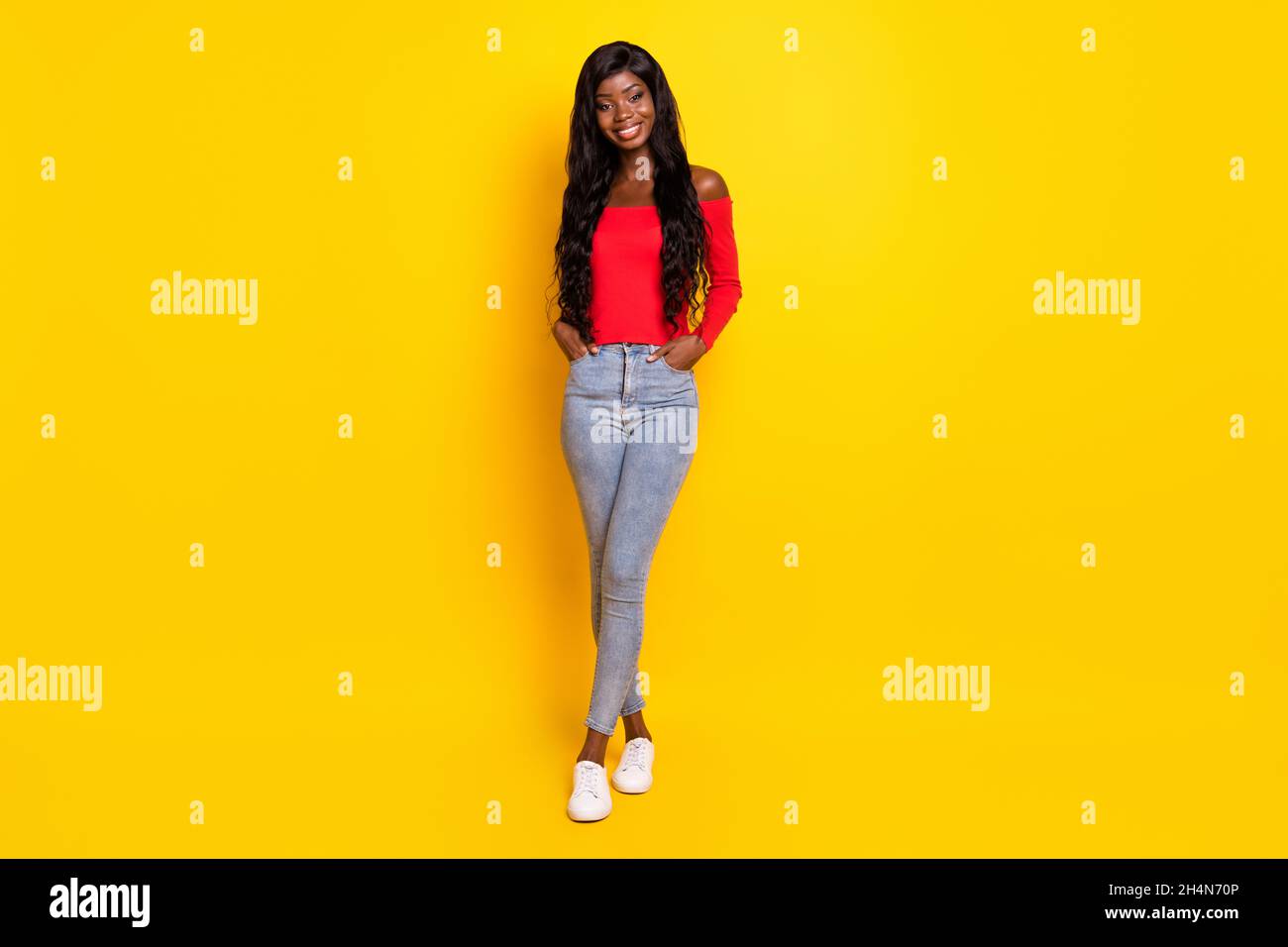 Full length body size view of charming slender cheerful wavy-haired ...