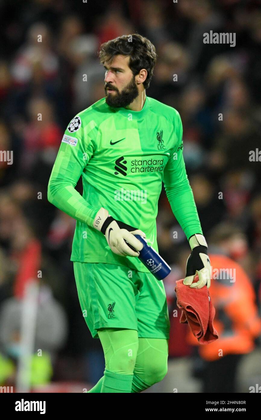 Alisson Becker #1 of Liverpool looks over his shoulder before the start ...