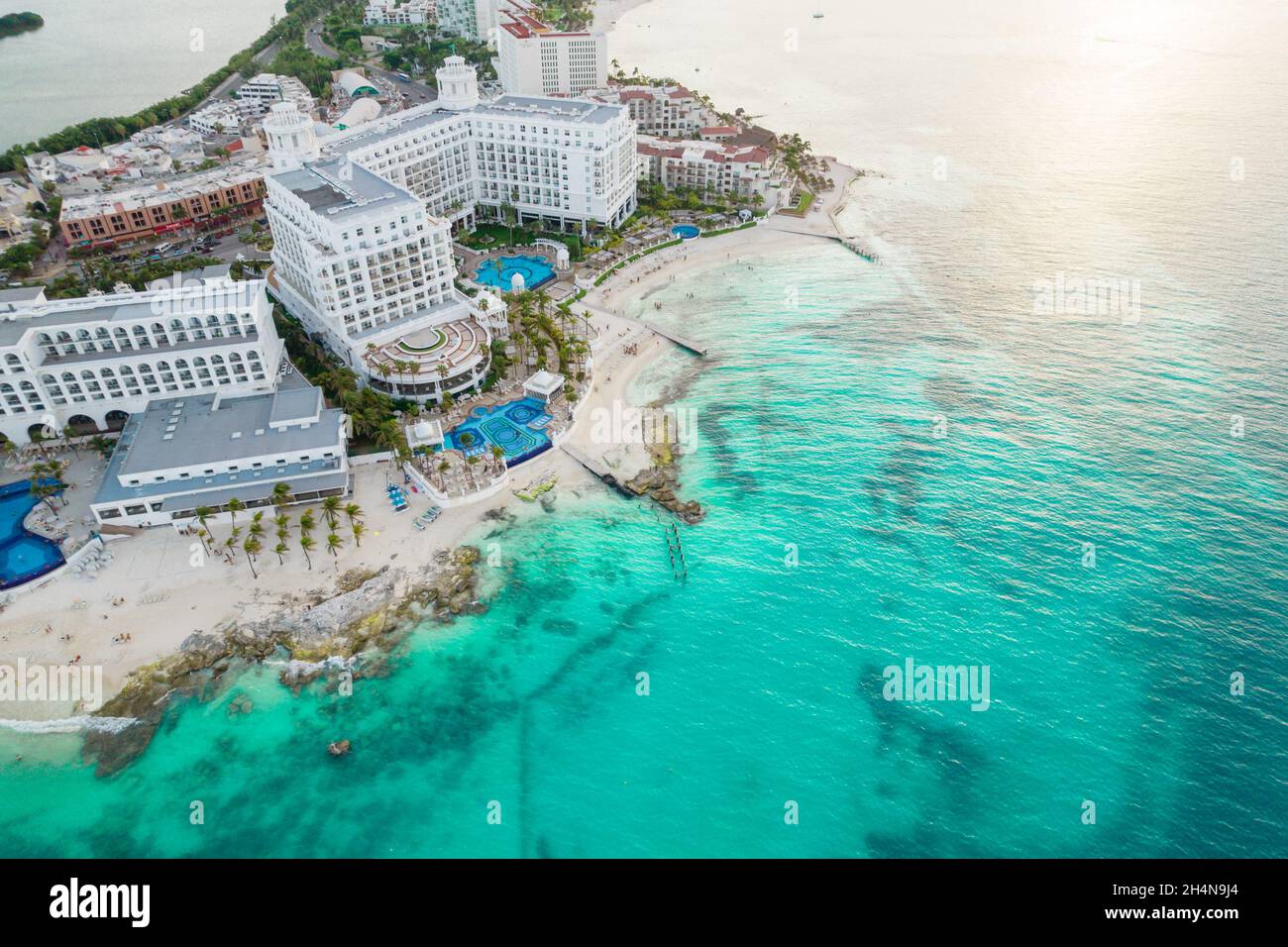 Aerial panoramic view of Cancun beach and city hotel zone in Mexico ...