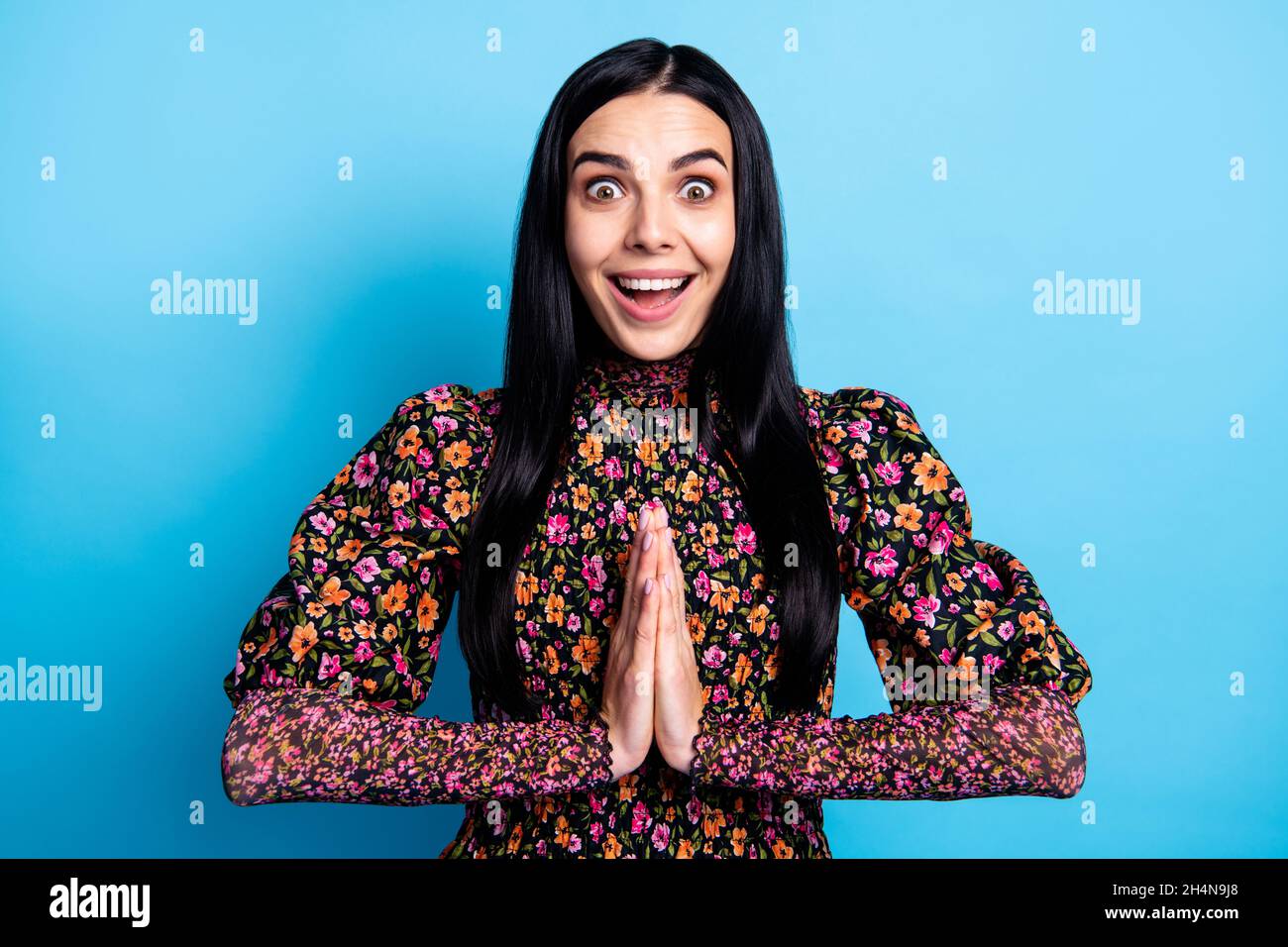 Photo of adorable cute happy young lady clap hands wish present amazed ...