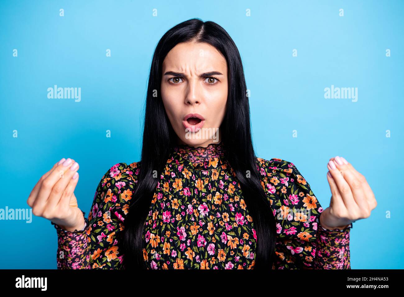 Photo of offended displeased lady show fingers open mouth wear floral ...