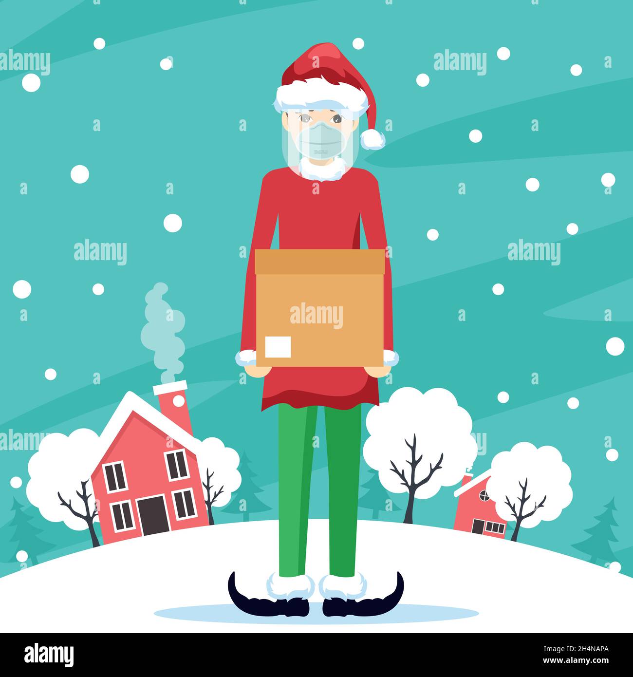 Young man dressed as a christmas elf making delivery with security ...