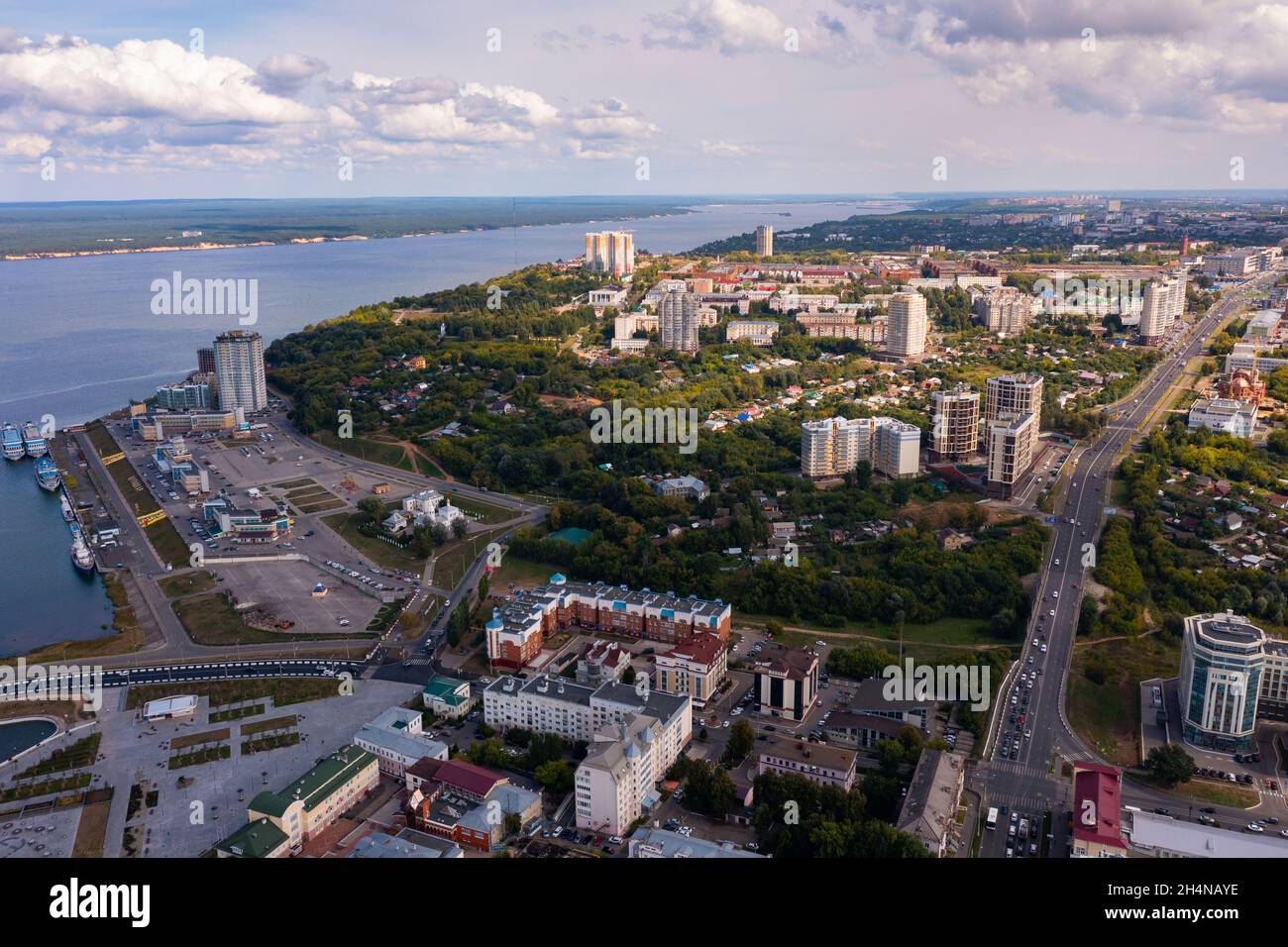 Aerial view of Cheboksary on Volga River in summer, Chuvashia, Russia ...