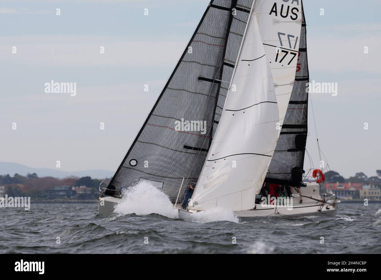 PORT PHILLIP BAY, MAY 2, 2021: Large racing yachts are seen competing ...