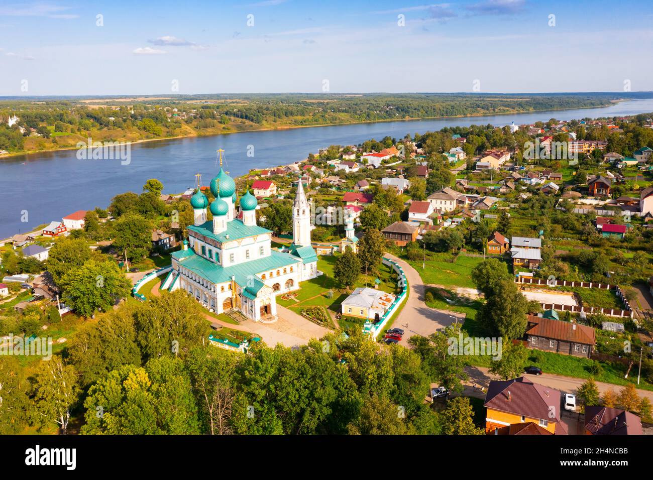 Aerial view of Tutayev on Volga River with Resurrection Cathedral in ...