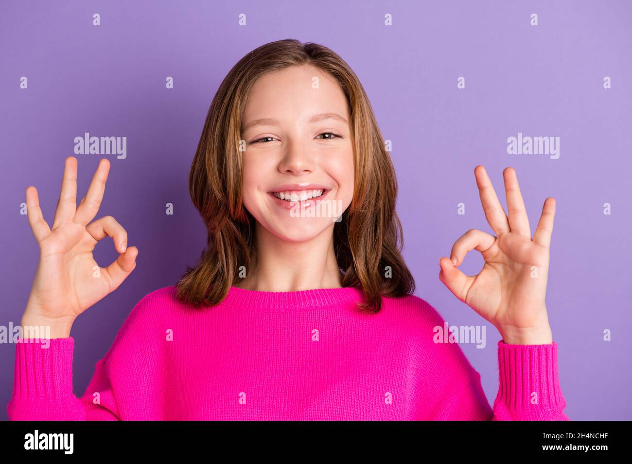 Photo Of Young Beautiful Happy Cheerful Good Mood Positive Girl Showing