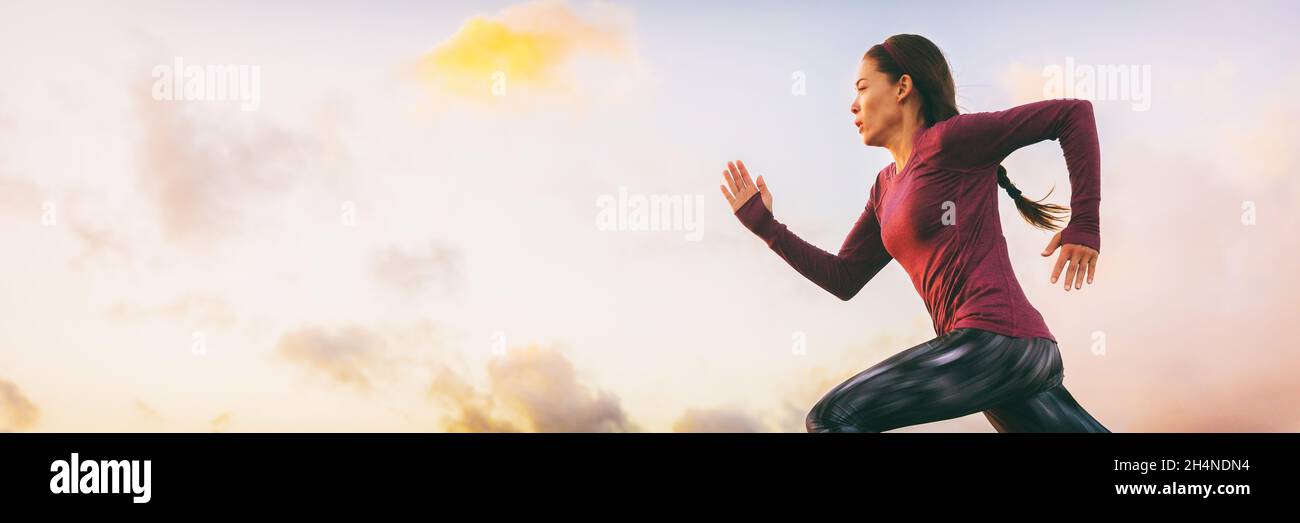 Run fast woman athlete sprinting profile on sky banner panorama ...