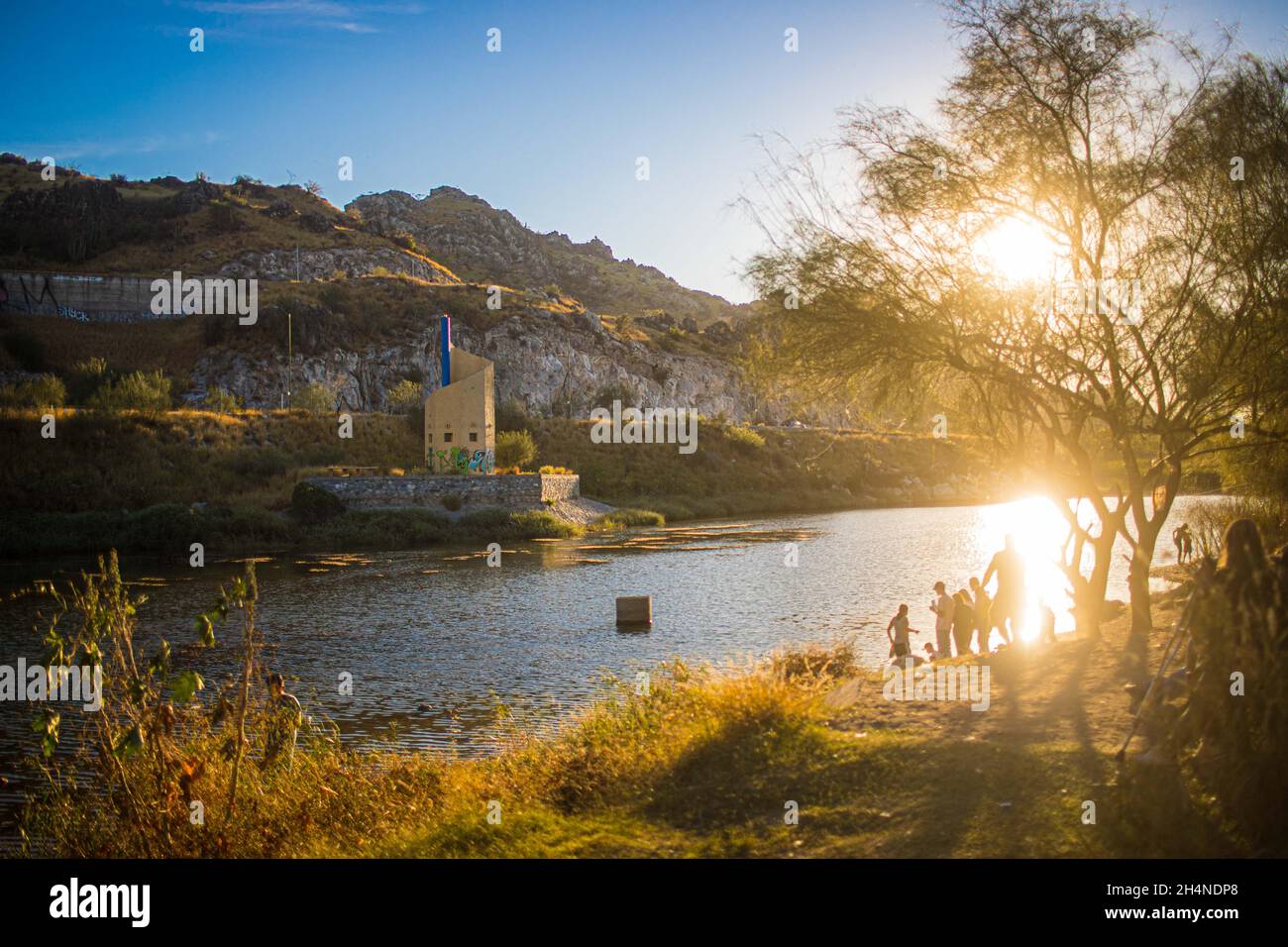 Lake or wetland landscape at autumn sunset in La Sauceda Park in ...