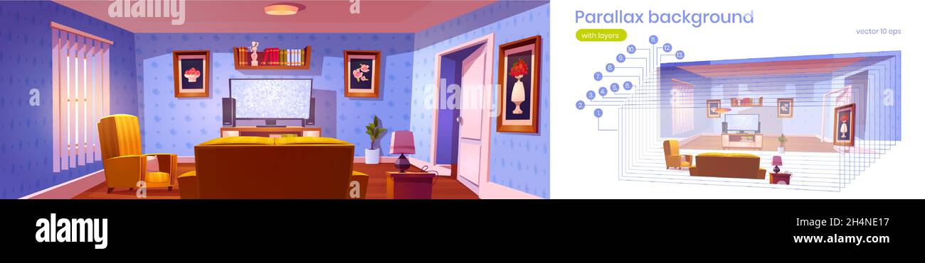 Living room interior with glowing tv screen and rear view to sofa ...